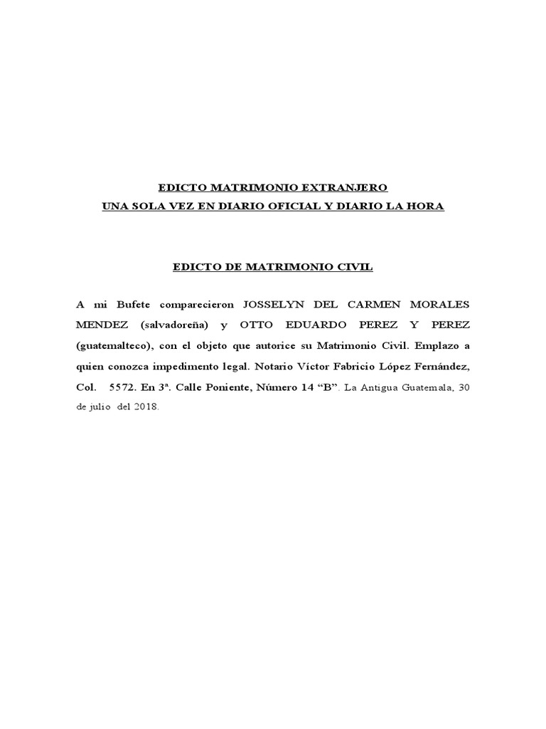 Edicto de Matrimonio Civil Extranjero | PDF | Derecho