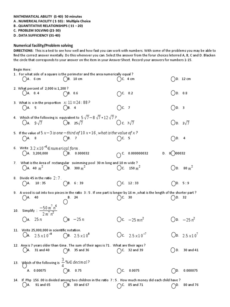 Math Skills Test | PDF | Ratio | Question