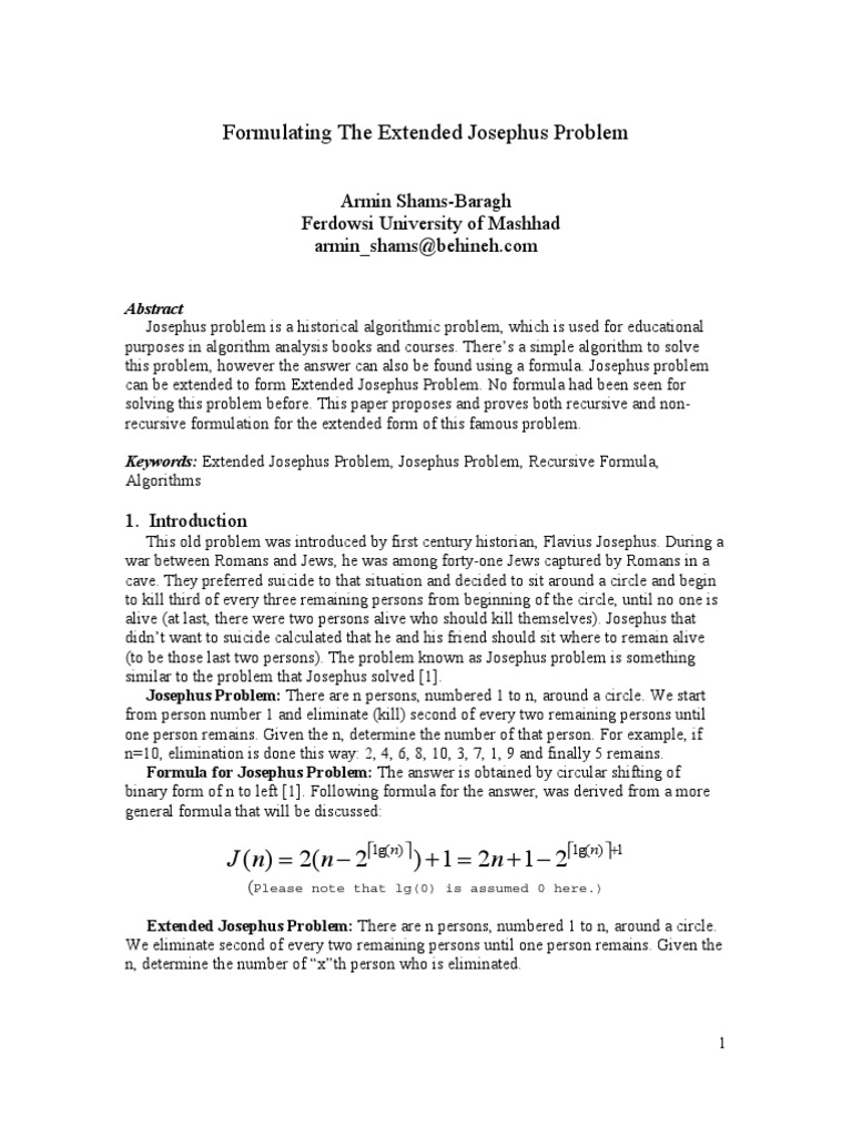 Formulating The Extended Josephus Problem Formula | PDF | Josephus | Algorithms