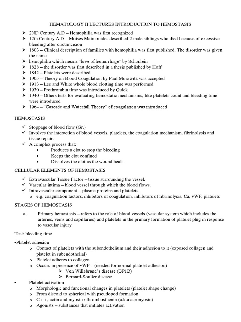 Hematology Ii Lectures Introduction To Hemostasis | PDF | Coagulation ...