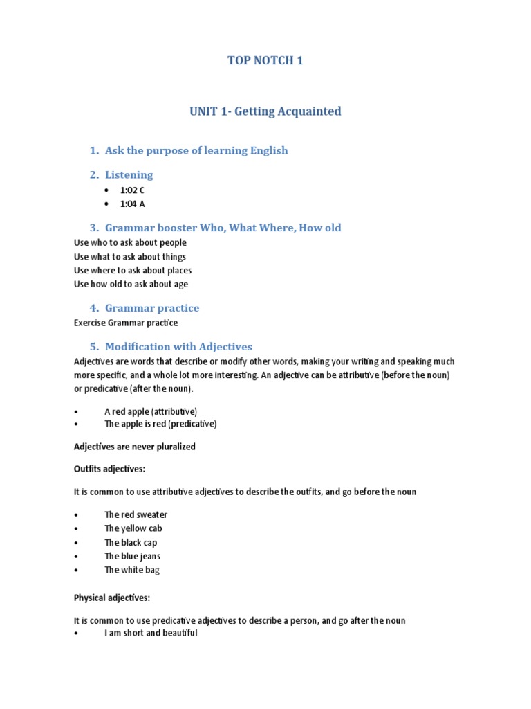 Notas Clase Top Notch 1 | PDF | Noun | Grammatical Number