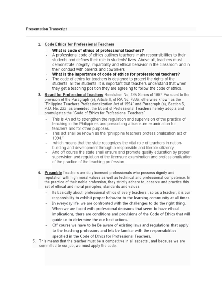 What Is Code of Ethics of Professional Teachers?: Presentation ...