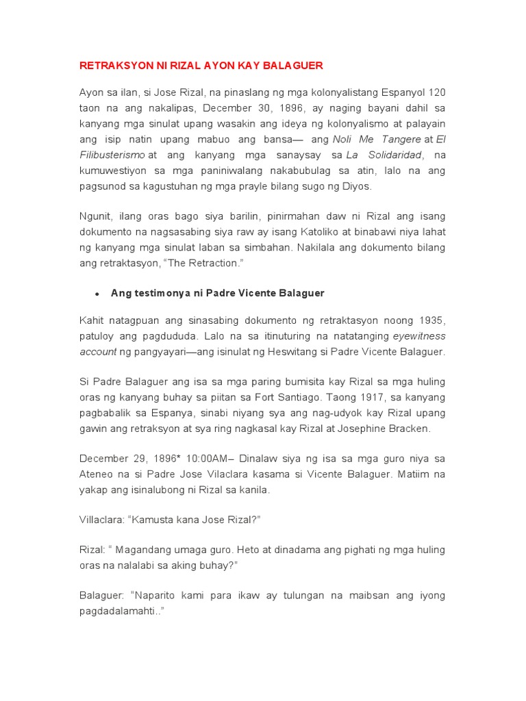 Retraksyon Ni Rizal Ayon Kay Balaguer | PDF
