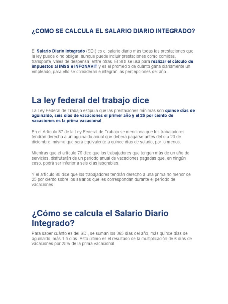 Calculo Salario Diario Integrado Para Imss E Infonavit - 2026 Company ...