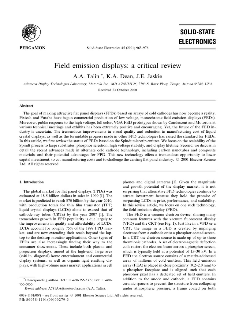 Field Emission Displays: A Critical Review: A.A. Talin, K.A. Dean, J.E ...