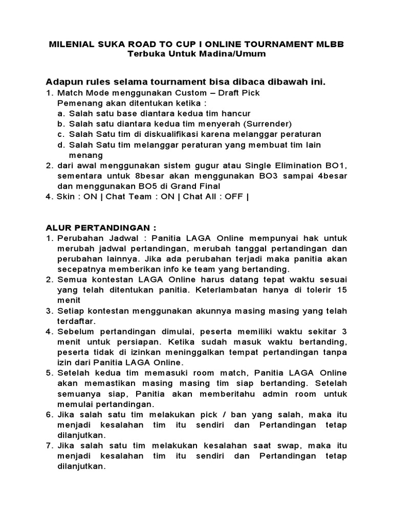 Rules Online Tournament Milenial Suka Road To CUP I MLBB MOBILE LEGEND | PDF