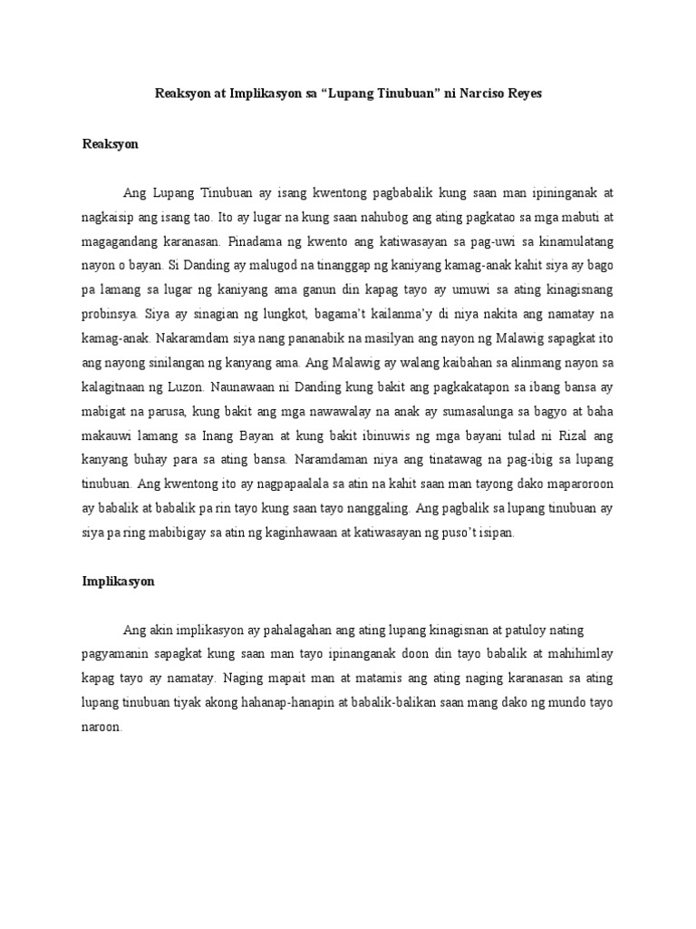 Reaksyon at Implikasyon Sa "Lupang Tinubuan" Ni Narciso Reyes | PDF