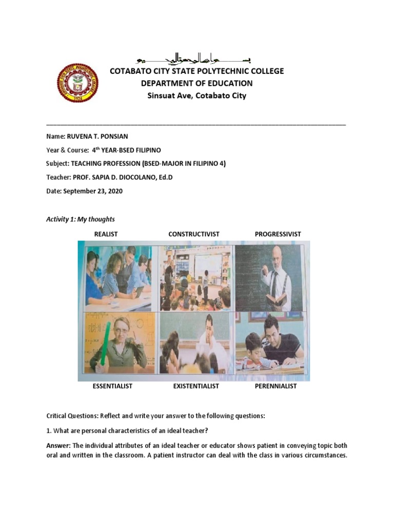 TEACHING PROFESSION-PONSIAN, RUVENA T. (Activity 1&2) PDF | PDF ...