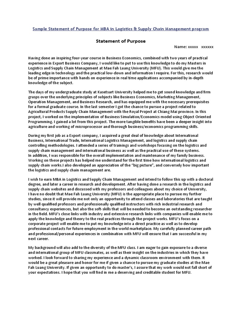 Statement of Purpose: Sample Statement of Purpose For MBA in Logistics ...
