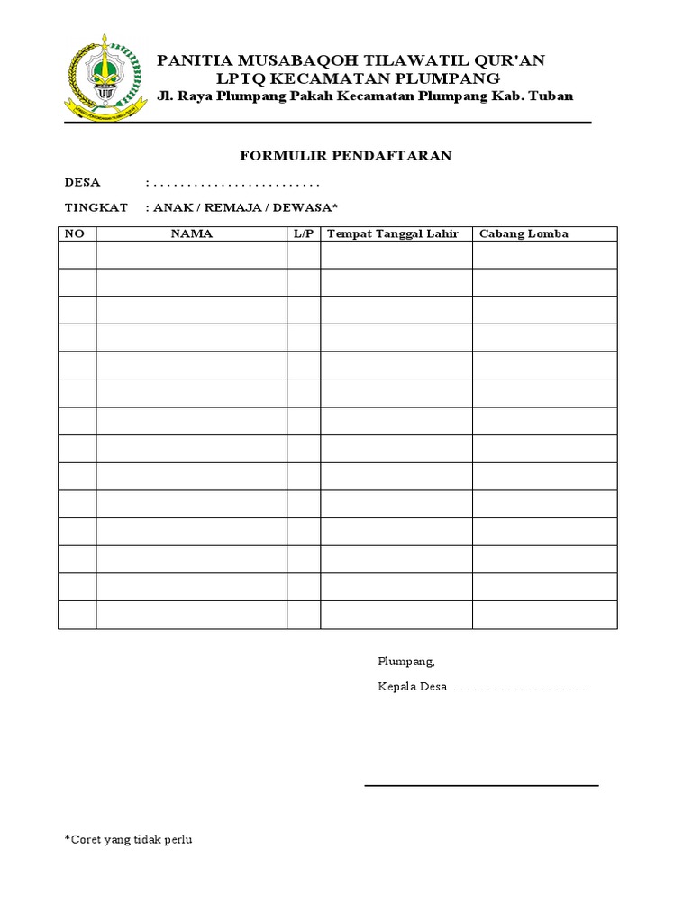 Formulir Pendaftaran MTQ Kecamatan Plumpang | PDF