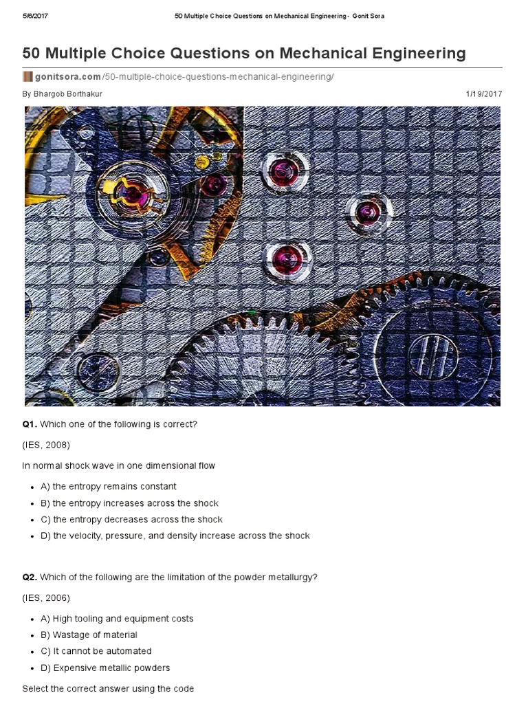 50 Multiple Choice Questions On Mechanical Engineering - Gonit Sora ...