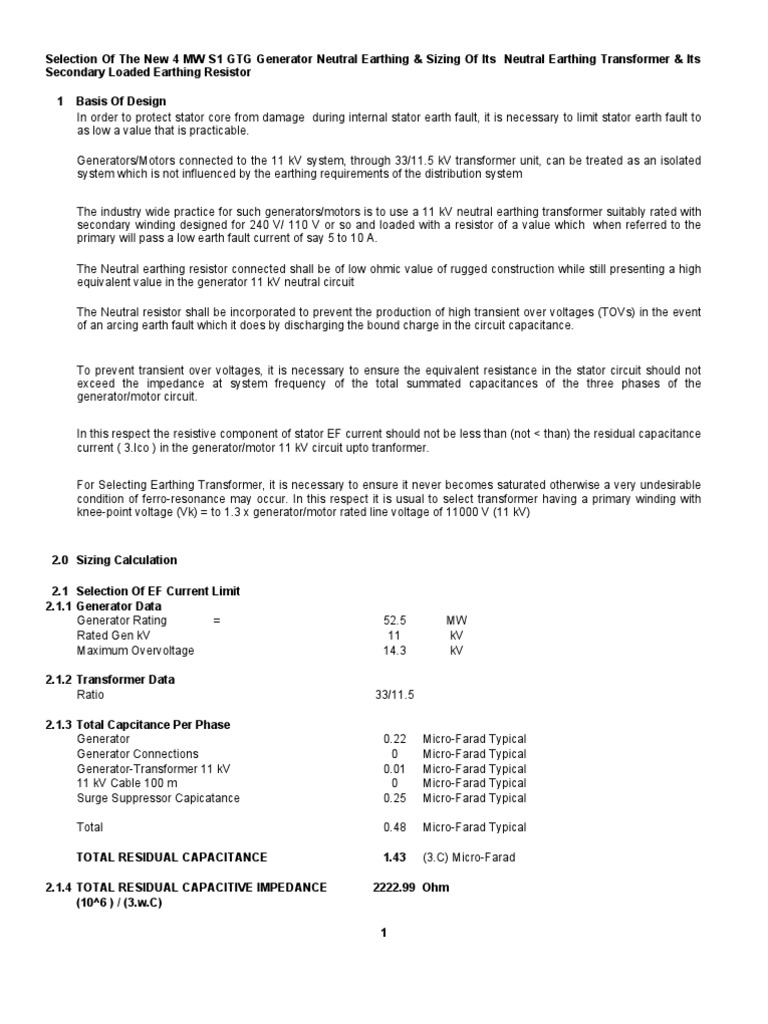 Transformer NGR Sizing Calculation | PDF | Transformer | Resistor