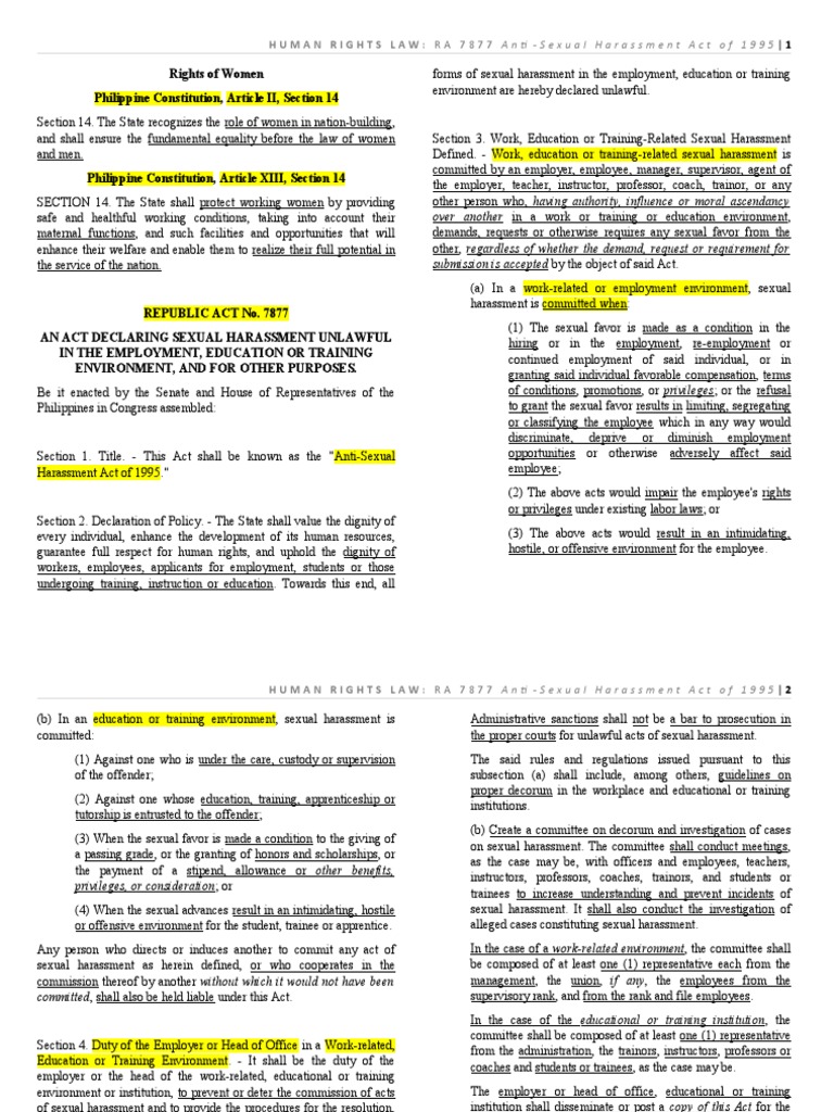 RA 7877 Anti Sexual Harassment Act of 1995 | PDF | Sexual Harassment ...