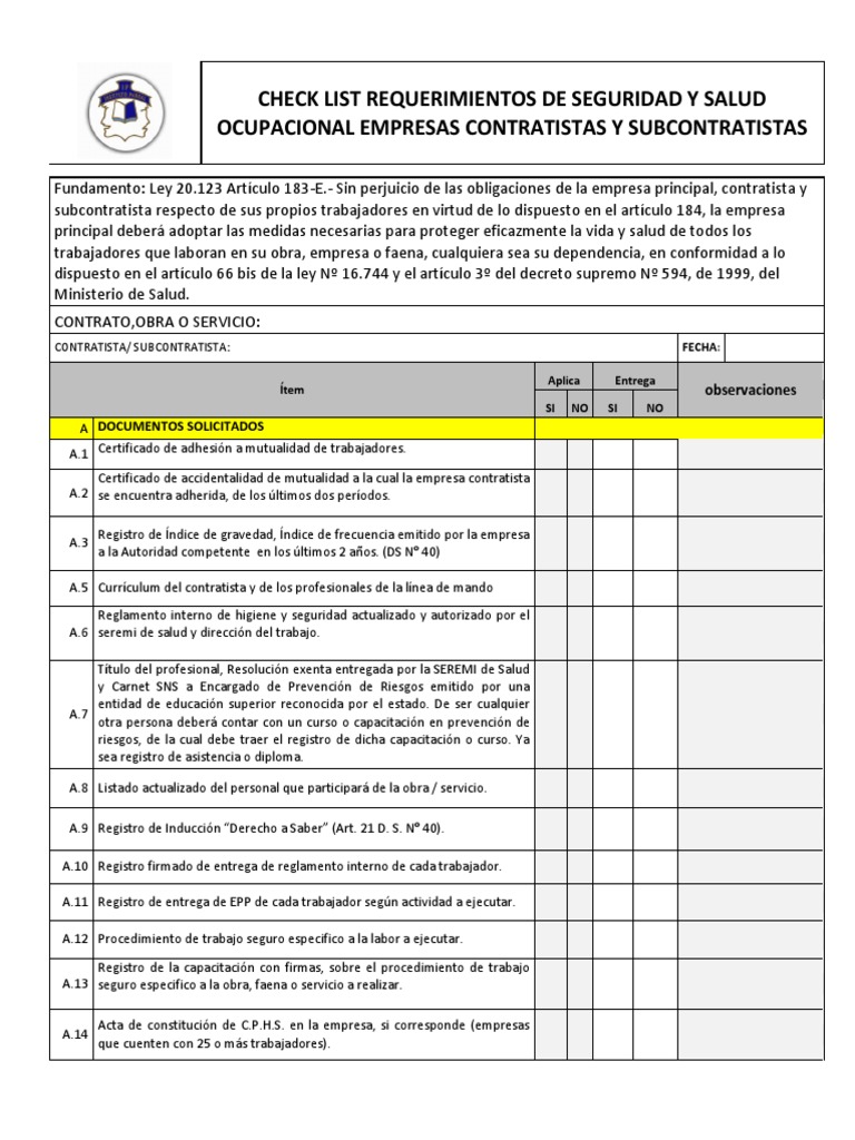 Check List Requerimientos de Seguridad Y Salud Ocupacional Empresas Contratistas Y ...