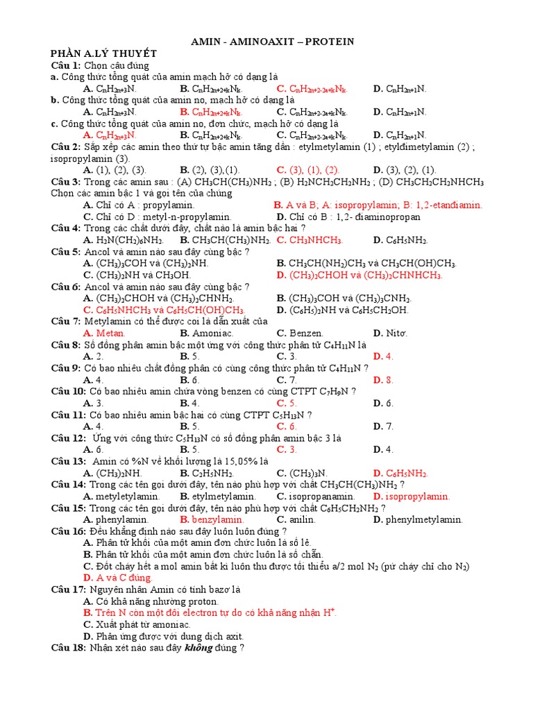 BÀI TẬP AMIN - AMINOAXIT - PROTEIN | PDF