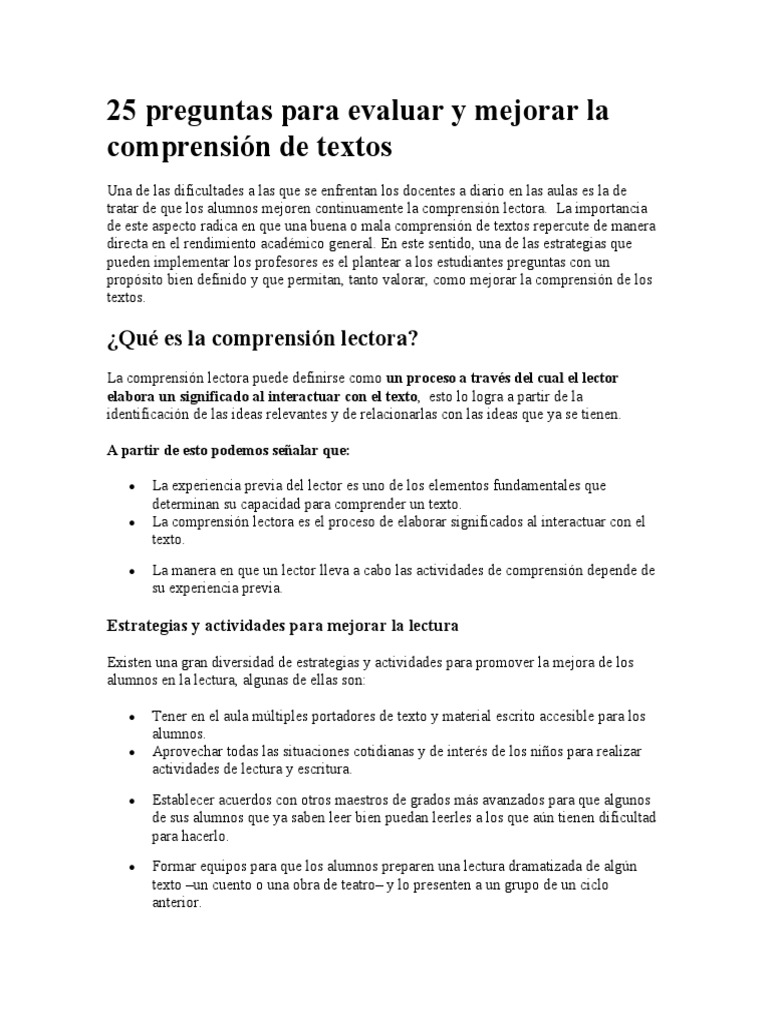 25 Preguntas para Evaluar y Mejorar La Comprensión de Textos | PDF ...