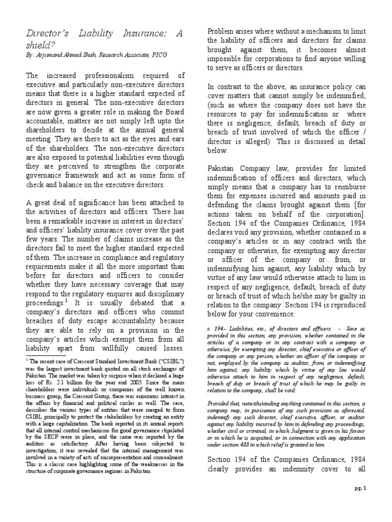 Director's Liability Insurance: A Shield?: By: Arjumand Ahmed Shah, Research Associate, PICG ...