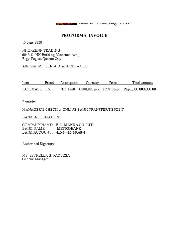 Proforma Invoice for 4M N95 Masks | PDF | Career & Growth