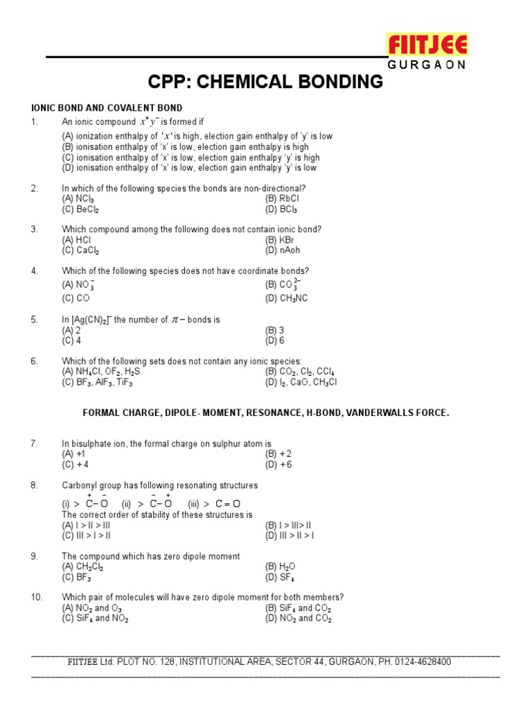 Chemical Bonding Concepts and Questions | PDF | Chemical Bond | Atomic ...