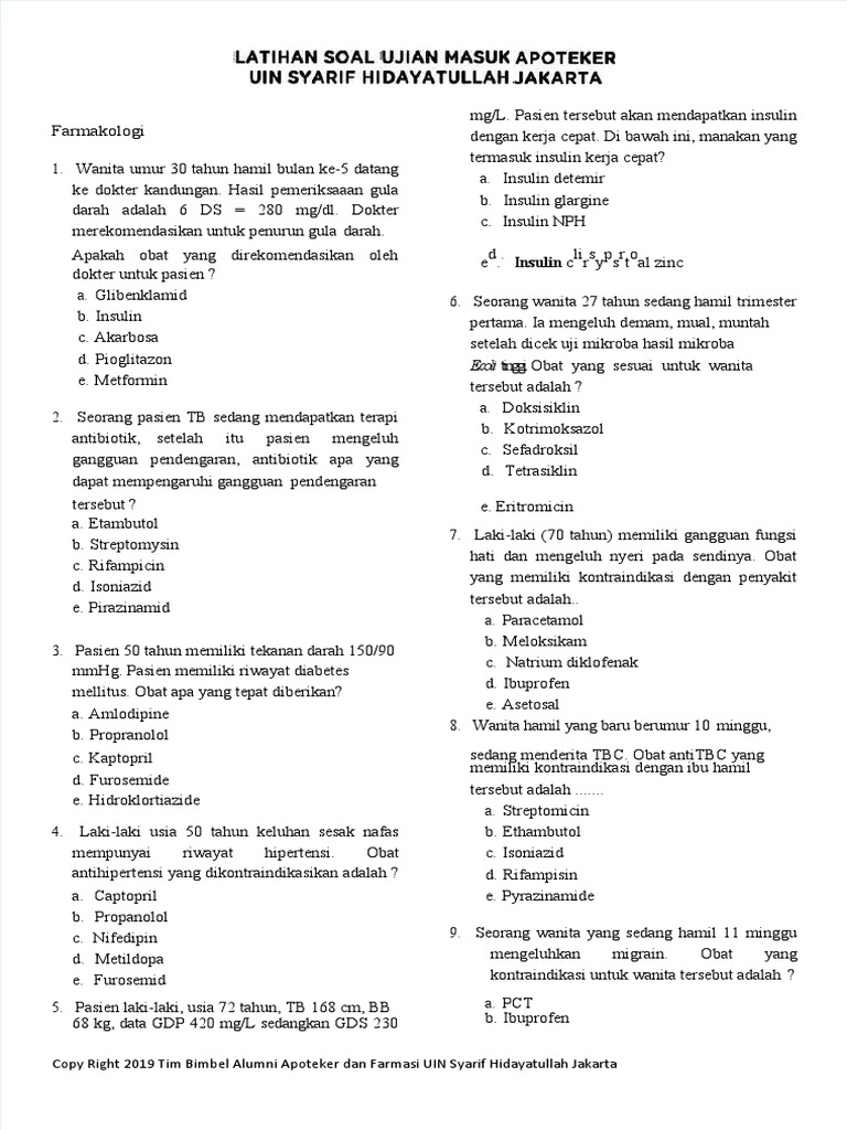 PDF Latihan Soal Ujian Masuk Apoteker Uin Jakartapdf | PDF | Kesehatan Holistik