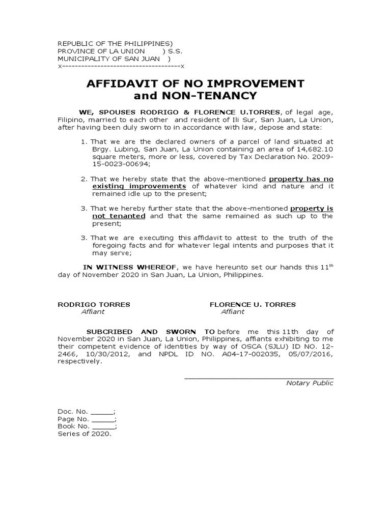 AFFIDAVIT OF NO IMPROVEMENT and NON-TENANCY | PDF