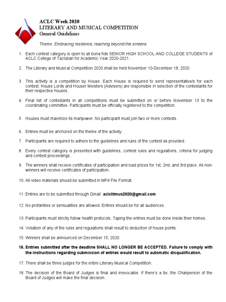 Literary and Musical Competition General Guidelines: ACLC Week 2020 ...