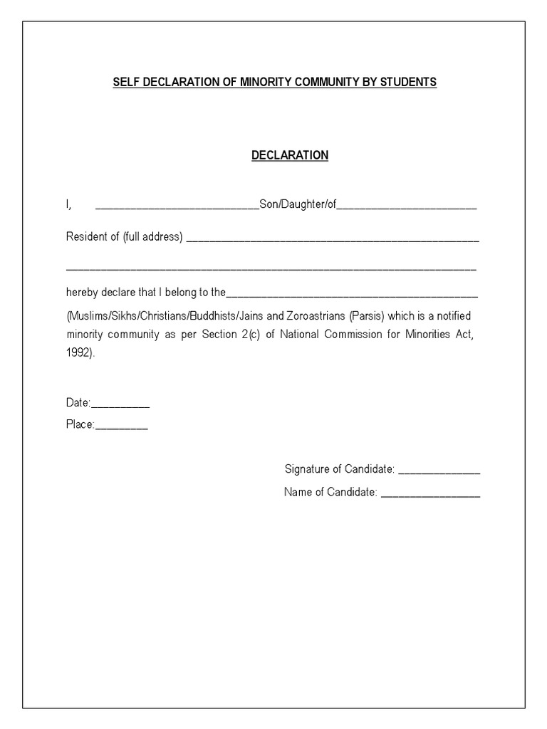 Self Declaration of Minority Community by Students 20 | PDF