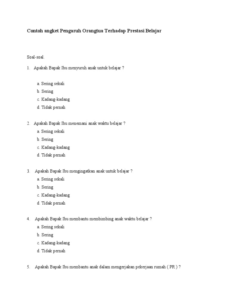 Contoh Angket Pengaruh Orangtua Terhadap Prestasi Belajar | PDF