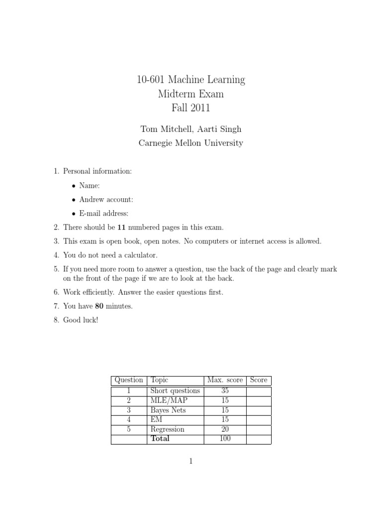 Midterm Exam Solutions | PDF | Bayesian Network | Regression Analysis