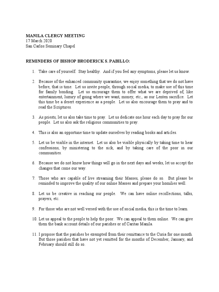 Reminders of Bishop Pabillo - Manila Clergy Meeting | PDF | Prayer ...