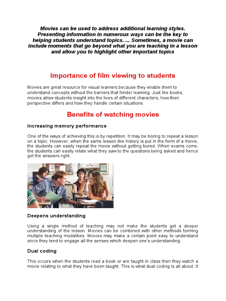 Film or Movie Importance and Benefits | PDF | Understanding | Learning ...