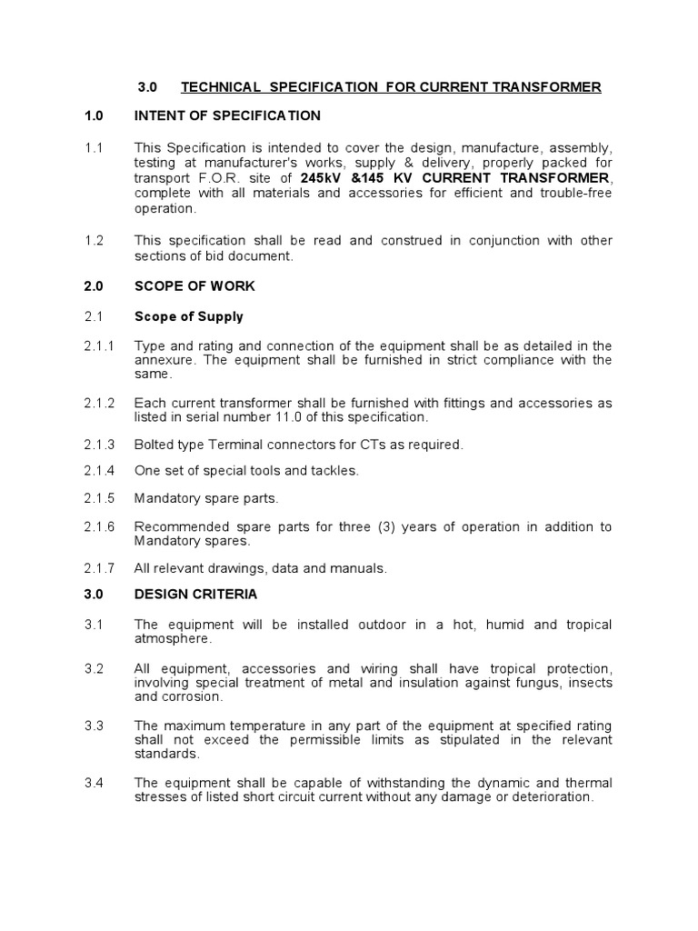 Technical Specification For Current Transformer | PDF | Transformer ...