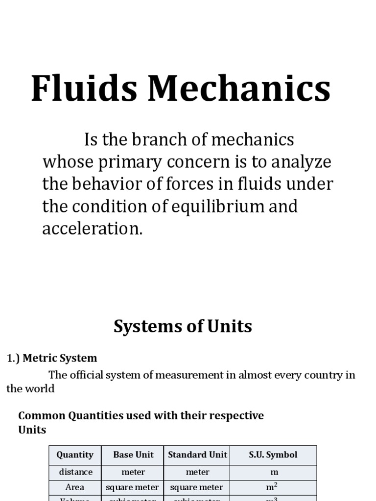 Fluid Mechanics: Systems of Units, Properties of Fluids, and Principles ...