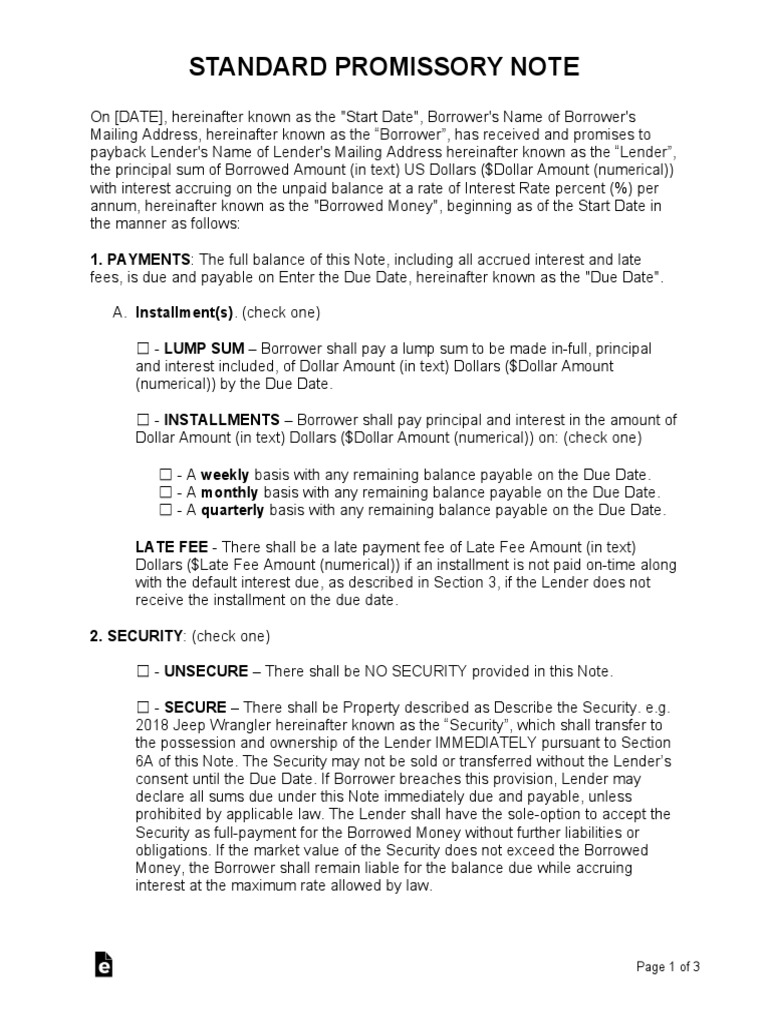 Standard Promissory Note: 1. PAYMENTS: The Full Balance of This Note ...