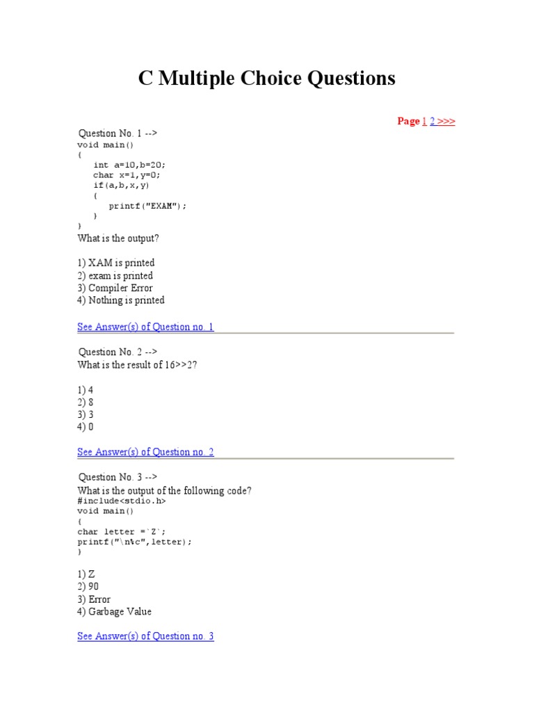 C Multiple Choice Questions: Void Main (Int A 10, B 20 Char X 1, y 0 If (A, B, X, Y) (Printf ...
