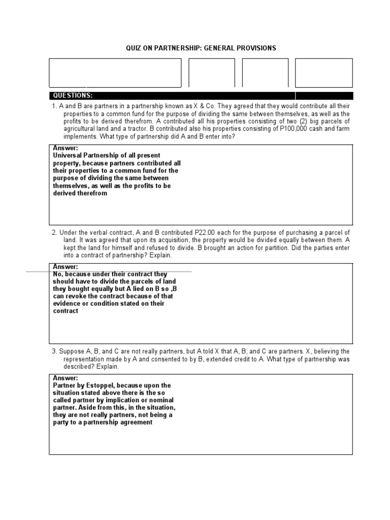 Partnership Quiz: Key Concepts Explained | PDF | Partnership ...