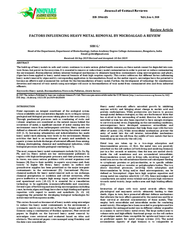 Factors Influencing Heavy Metal Removal by Microalgae-A Review | PDF ...