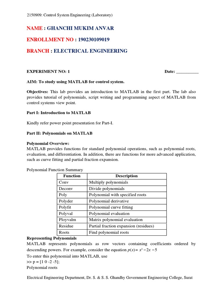 Polynomial Operations in MATLAB: An Introduction to Programming Control Systems Applications ...