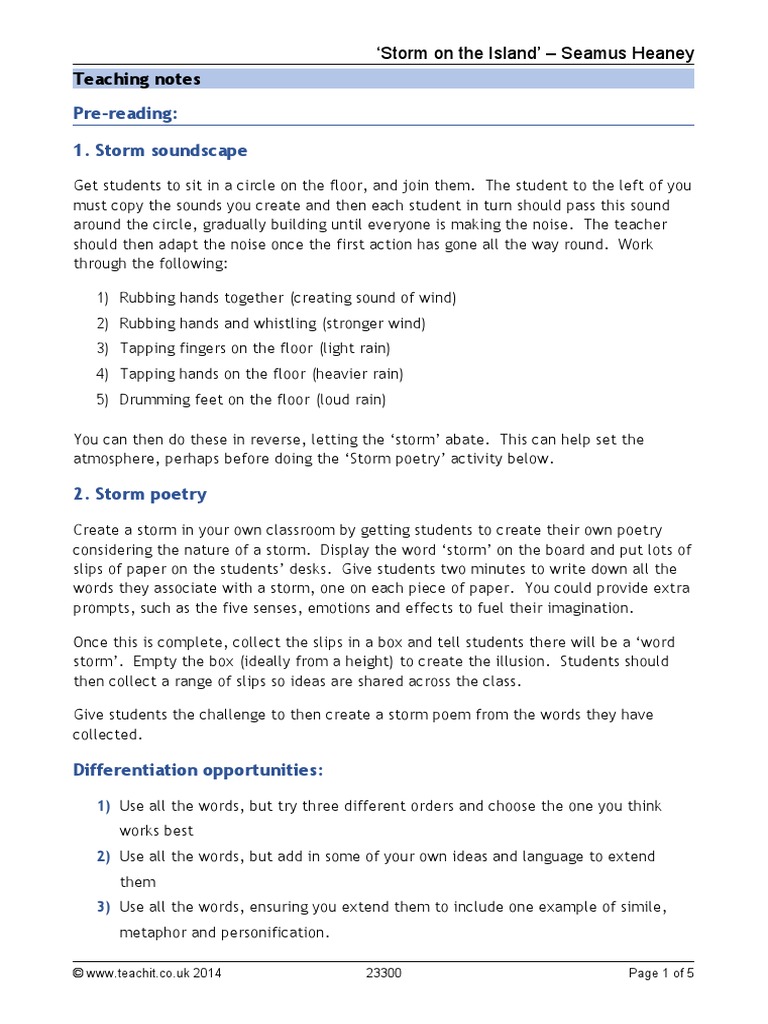 Pre-Reading: 1. Storm Soundscape: Teaching Notes | PDF | Poetry | Cognition