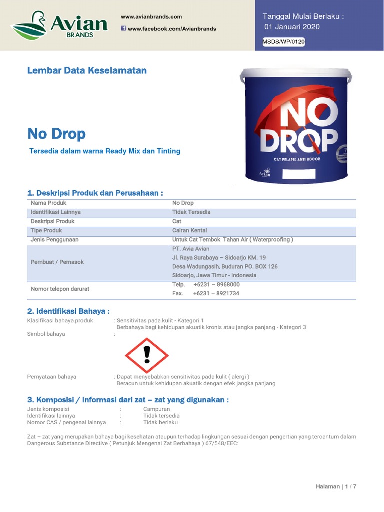 Lembar Data Keselamatan No Drop | PDF
