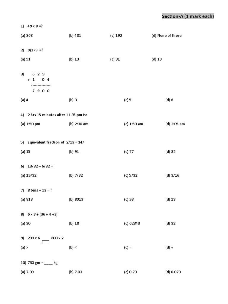 Model Paper 2 Ignited Minds Maths Class - IV | PDF | Area | Numbers