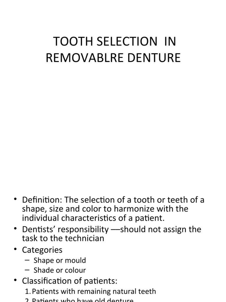 Tooth Selection in Removablre Denture | PDF | Dentures | Tooth