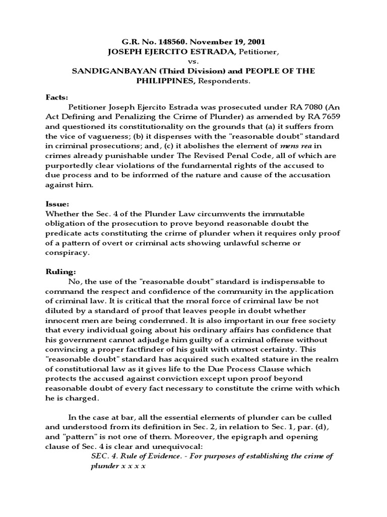 Case No. 11 - JOSEPH EJERCITO ESTRADA vs. SANDIGANBAYAN | PDF | Reasonable Doubt | Crime & Violence