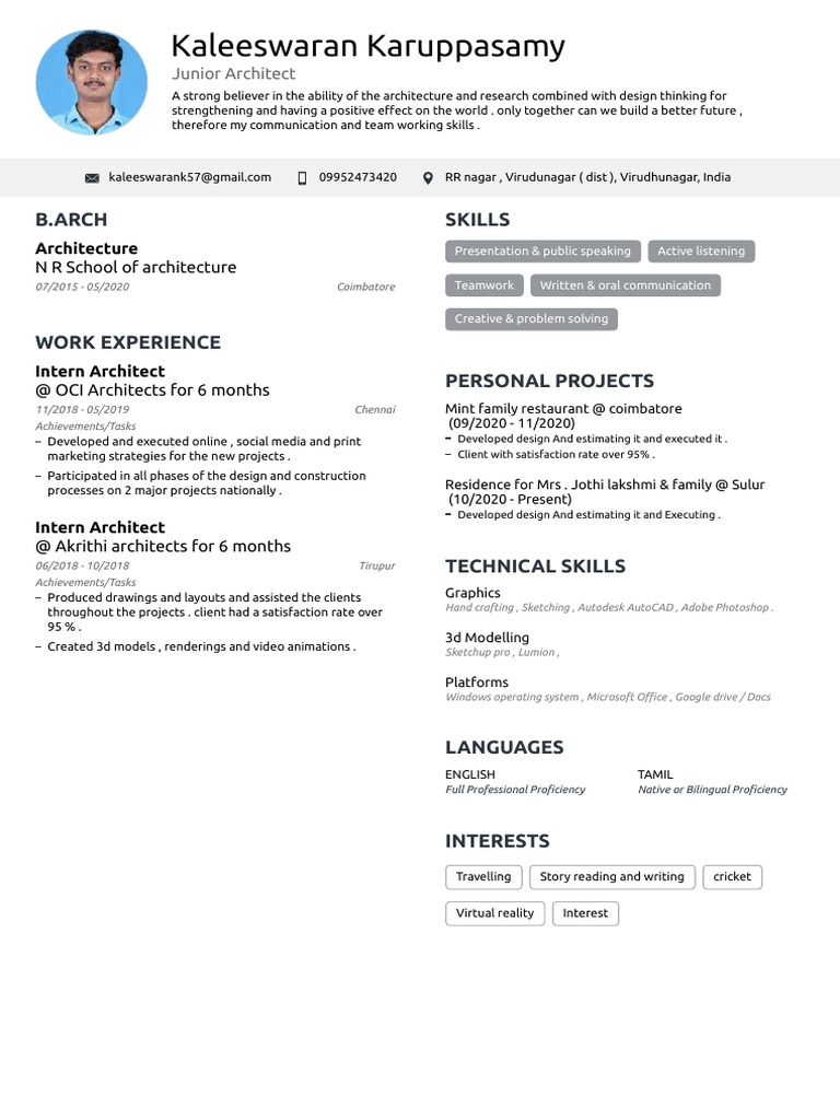 Kaleeswaran Karuppasamy: B.Arch Skills | PDF | 3 D Computer Graphics ...