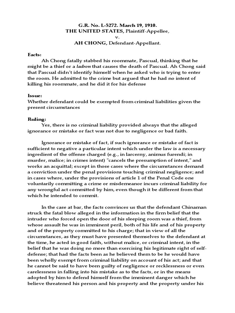 Case No. 19 THE UNITED STATES vs. AH CHONG | PDF | Intention (Criminal ...