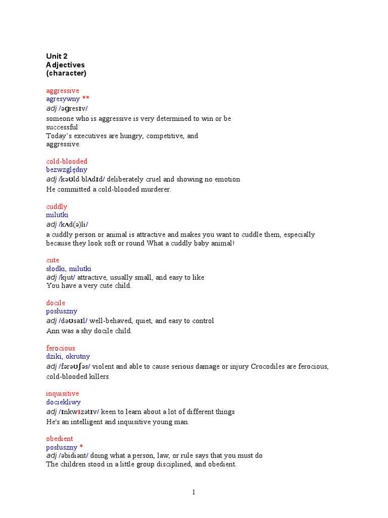 Aggressive : Unit 2 Adjectives (Character) | PDF | Fox | Nature