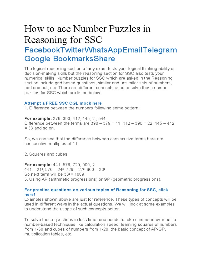 SSC Number Puzzle Mastery | PDF | Reason | Numbers