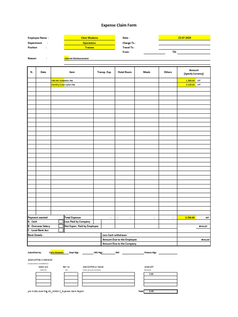 Expense Claim Form: Internet Reimbursement | PDF | Payments | Financial ...