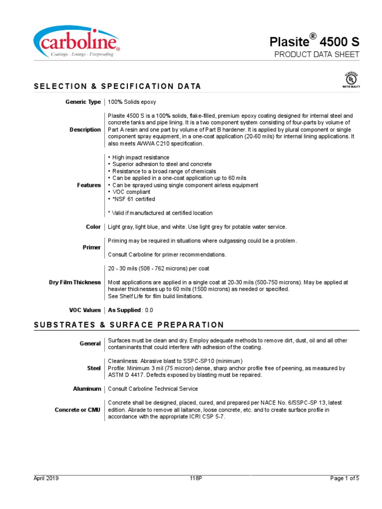 Plasite 4500 S: Selection & Specification Data | PDF | Water | Building ...
