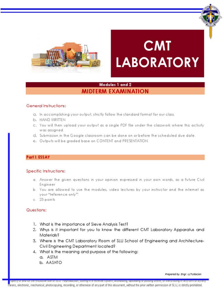 xCE 3121L CMT LABORATORY - MIDTERM EXAMINATION PDF | PDF